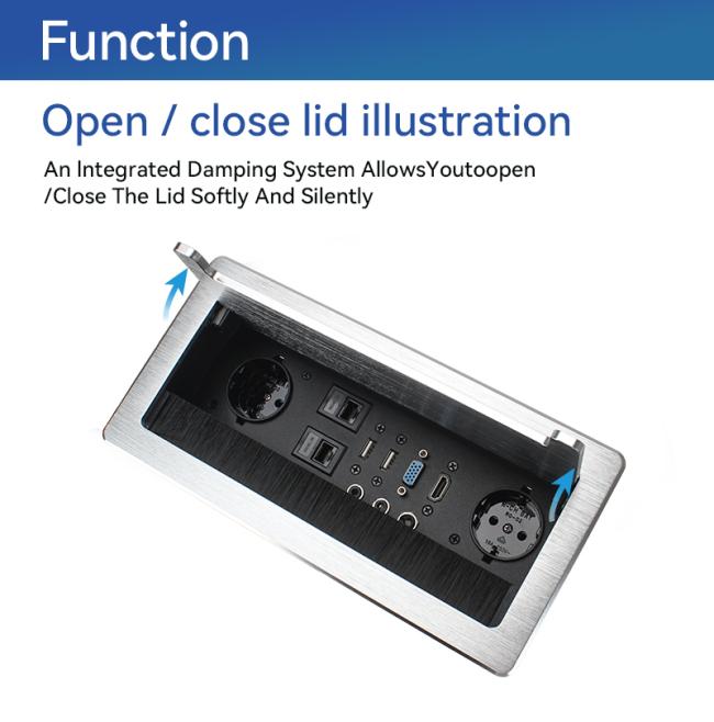 Hidden desktop socket box in closed position showing seamless integration with desktop surface