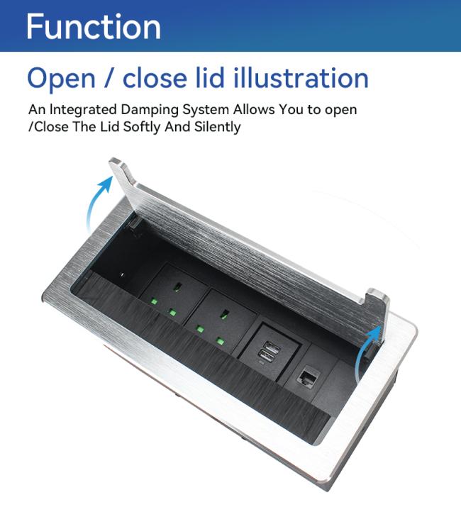 Hidden desktop socket box in closed position showing seamless integration with desktop surface