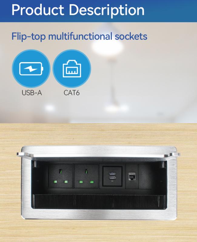 Desktop socket box with flip-top open revealing power outlets, USB ports, network and HDMI interfaces