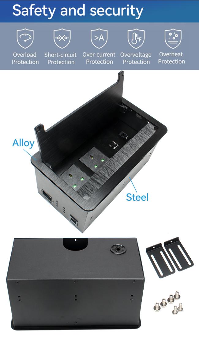Hidden desktop socket box in closed position showing seamless integration with desktop surface