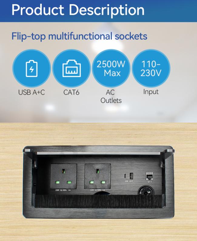 Desktop socket box with flip-top open revealing power outlets, USB ports, network and HDMI interfaces