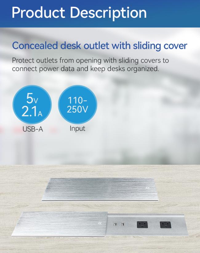 Embedded conference table power outlet showing sliding cover design and interface layout