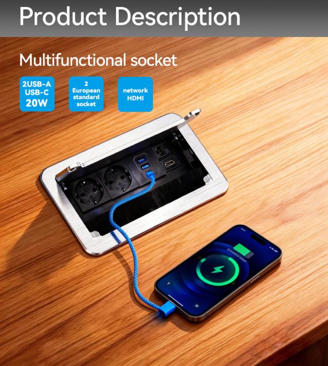 Desktop socket box with flip-top open revealing power outlets, USB ports, network and HDMI interfaces