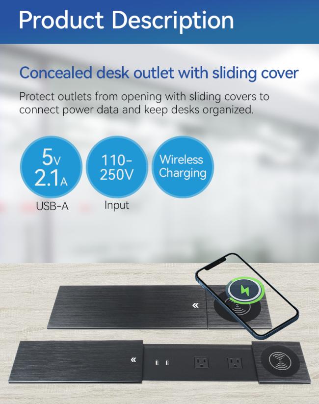 Hidden desk outlet installed in office table showing sliding cover and charging ports