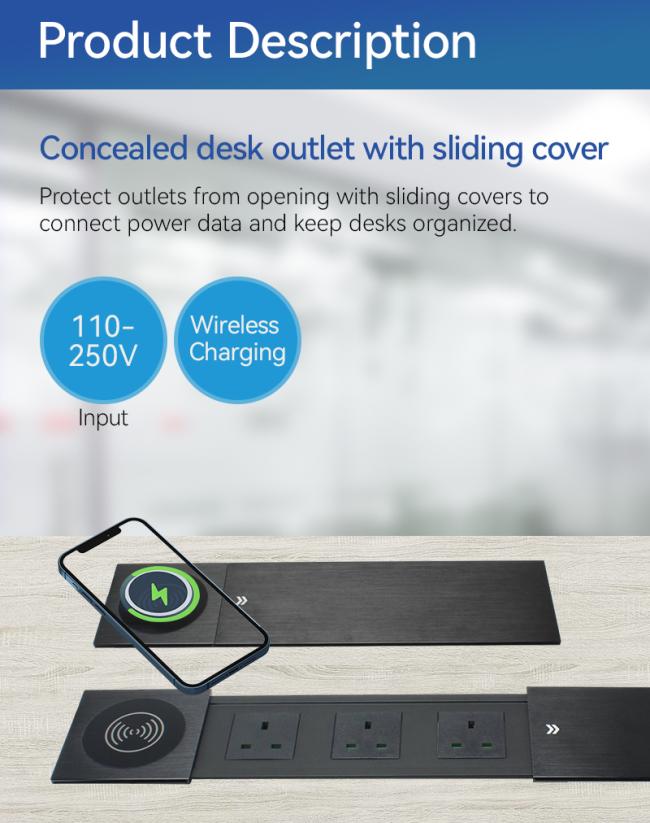 Close-up view of hidden desk outlet showing USB ports, wireless charging surface, and sliding cover
