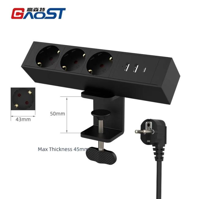 GAOST Desktop Clamp Power Strip front view showing three AC outlets and multiple USB charging ports