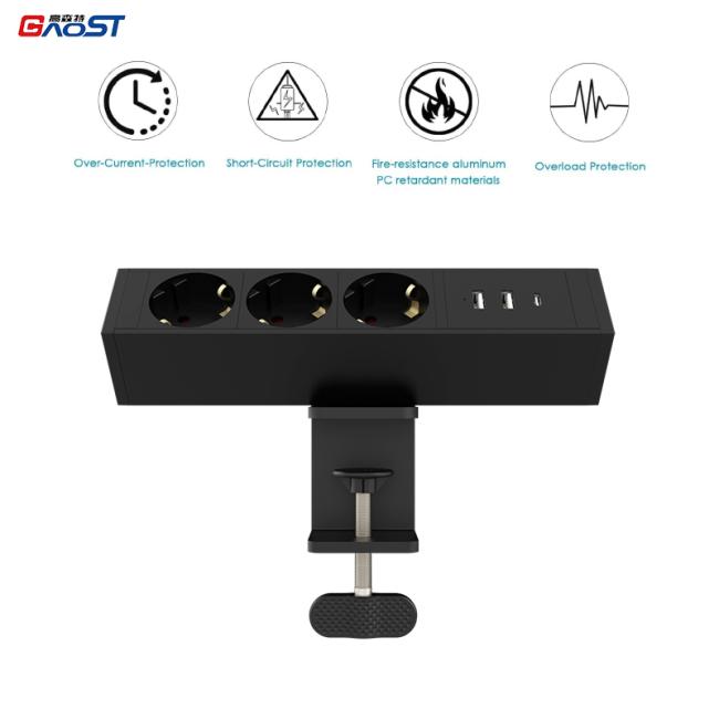 GAOST Desktop Clamp Power Strip side view demonstrating adjustable clamp mechanism for desk mounting