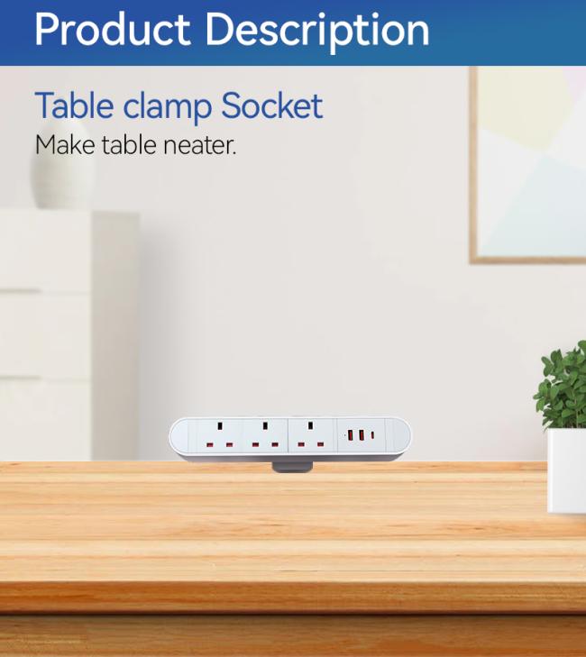 GAOST Desktop Clamp Power Strip front view showing three AC outlets and multiple USB charging ports