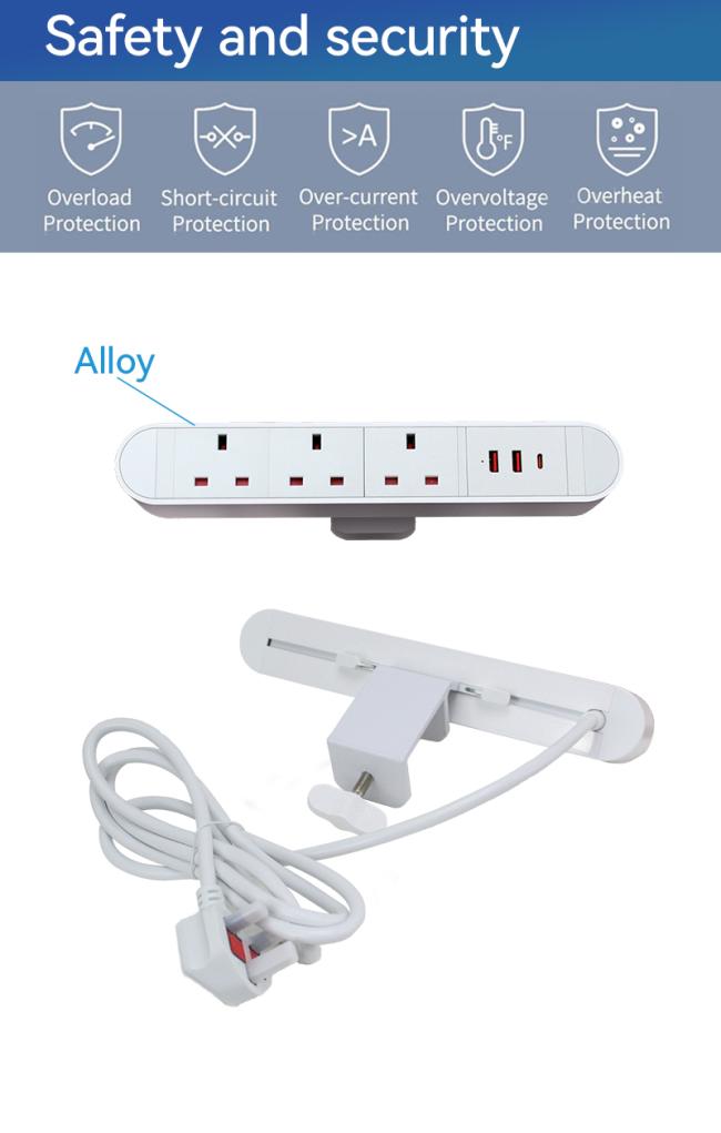 GAOST Desktop Clamp Power Strip side view demonstrating adjustable clamp mechanism for desk mounting