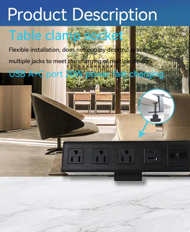 GAOST Desktop Clamp Power Strip front view showing three AC outlets and multiple USB charging ports