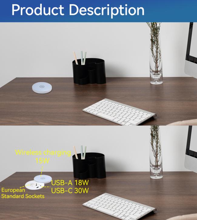 Wireless charging desk socket showing rotating glass cover and AC outlet