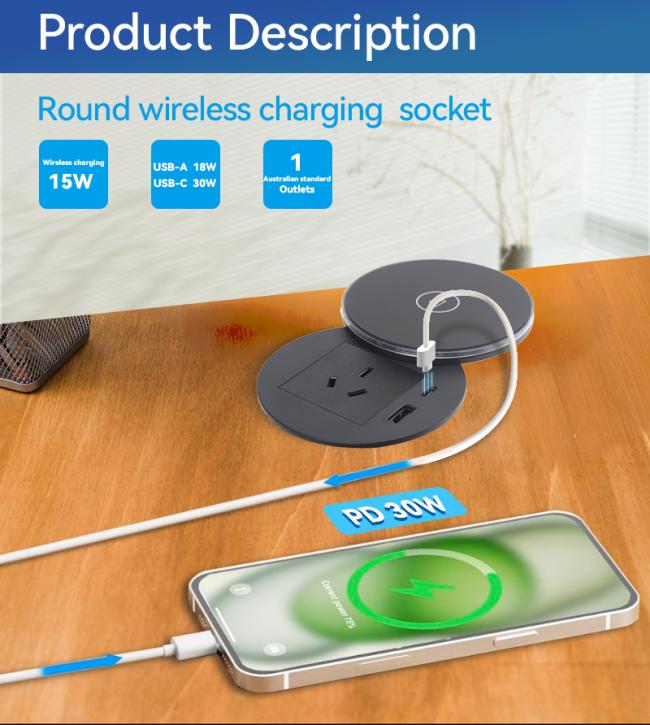 Wireless charging desk socket installed in office desk with rotating cover open