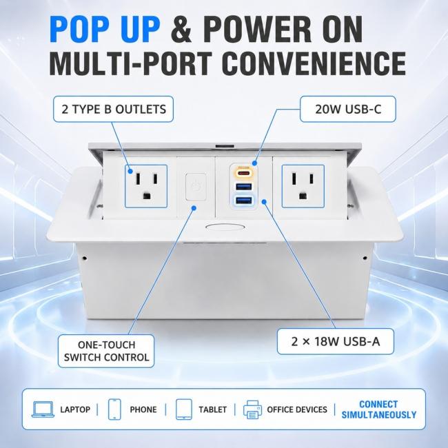 Compact Desk Mount Power Outlet Box front view showing power outlets and USB charging ports