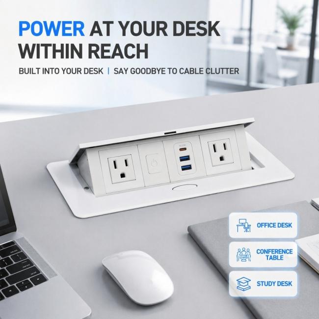 Compact Desk Mount Power Outlet Box installed in furniture with clean integrated appearance