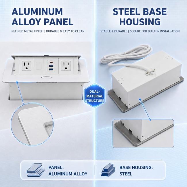 Side view showing recessed design of Compact Desk Mount Power Outlet Box