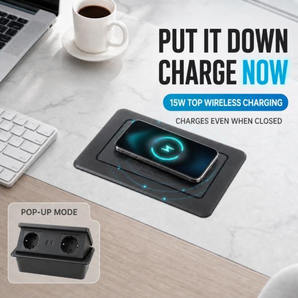 Quality Pop Up Desk Power Socket with 20W Fast Charging 15W Wireless Charging and V0 Fireproof Plastic for sale