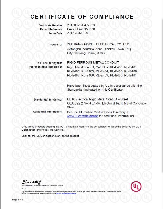 Rigid Conduit UL Certificate - Hangzhou lianli electrical co,. ltd.