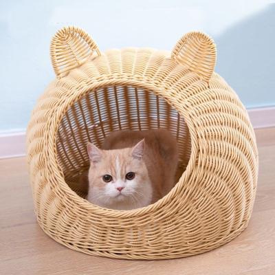 China Cane Woven Cat Dog Nest Thickened Washable Closed Rattan Cat House For Summer for sale