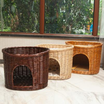 China Rattan Furniture Kennel Two Level Wicker Cat House With Cushion Original Color for sale