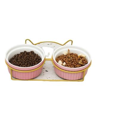 China Pet Ceramic Double Bowl Cute Anti Overturning Basin for sale