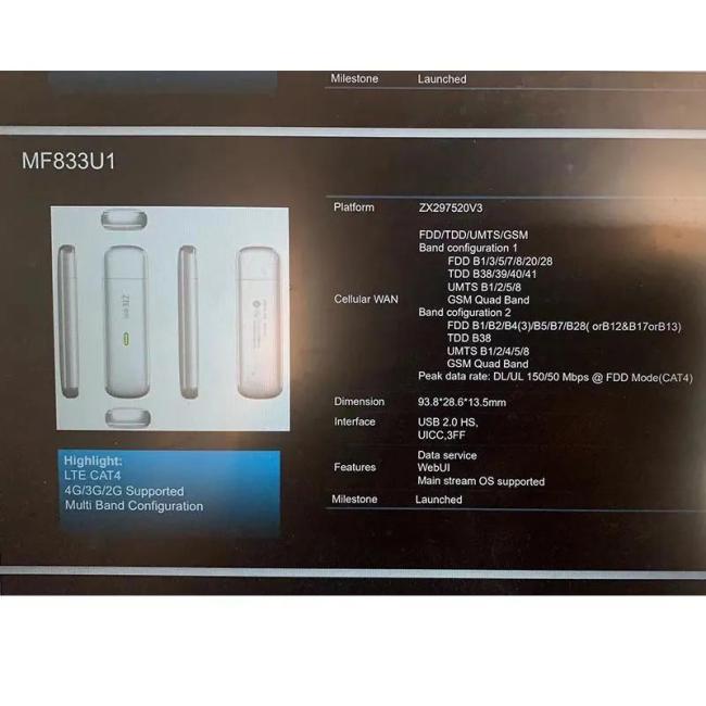 Mf833u1 4G USB Modem Wireless WiFi Router Laptop Tdd FDD Cat4 Hotspot Dongle