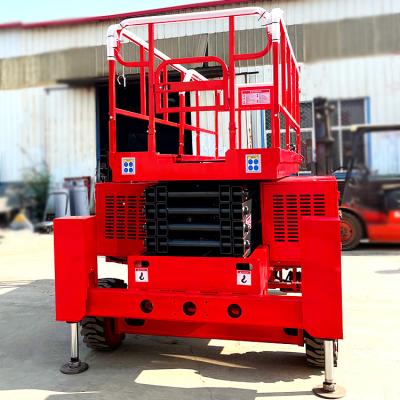 China New 12m Rough Terrain Hydraulic off Road Scissor Lift Work Platform With Outriggers Outside Lift for sale