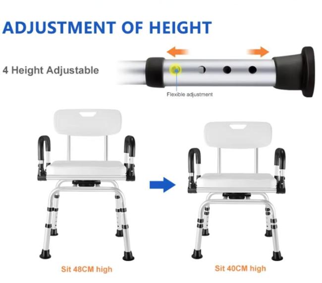Adjustable Height with Removable Back 360 Degree Rotary Shower Chair with Armrests and Back
