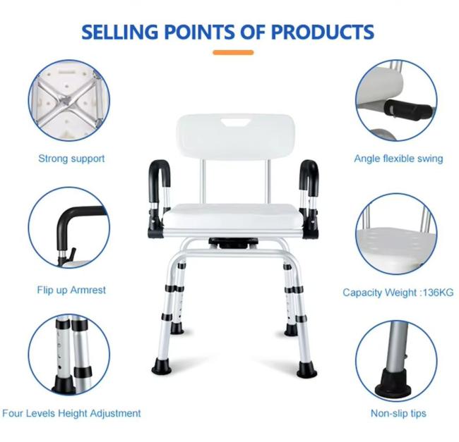 High Quality Lightweight Aluminum with Back and Arms Adjustable Bath Shower Chair