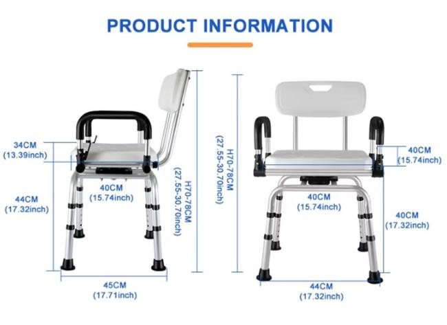High Quality Lightweight Aluminum with Back and Arms Adjustable Bath Shower Chair