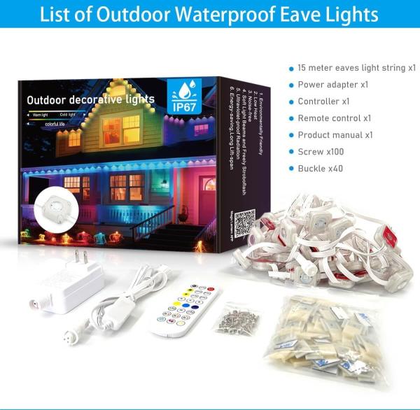 Quality 50ft IP67 Outdoor Waterproof Smart RGBIC permanent Eaves Lights with 75 Scene for sale