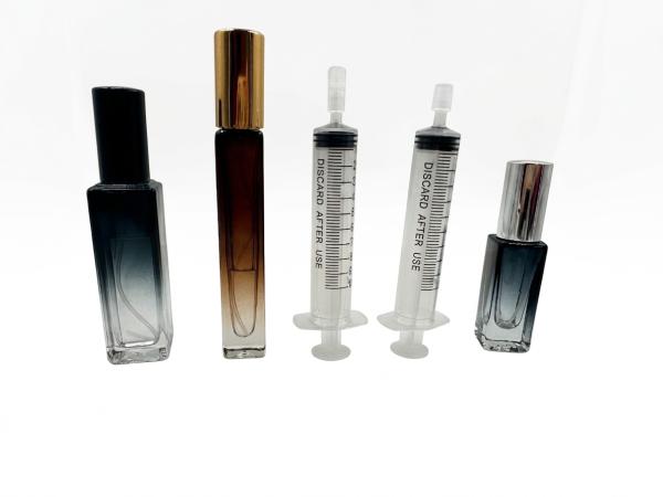 Quality Luxury Gradient Black Glass Perfume Bottles 5ml 10ml 20ml with Aluminum Mist Spray & 10ml Precision Dispensing Syringe Kit for sale