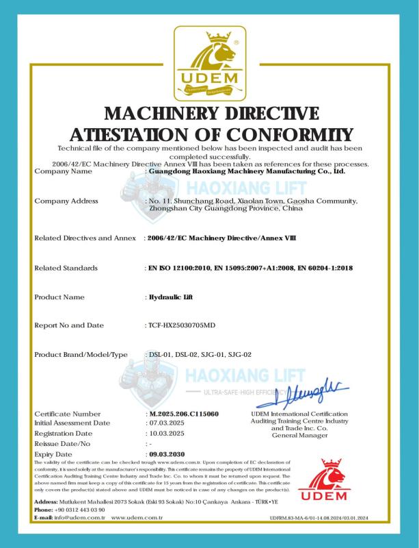 CE - Hydraulic Lift - Guangdong Haoxiang Machinery Manufacturing Co., Ltd.