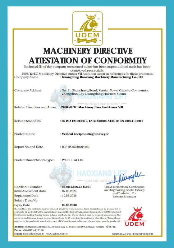 CE - Vertical Reciprocating Conveyor - Guangdong Haoxiang Machinery Manufacturing Co., Ltd.
