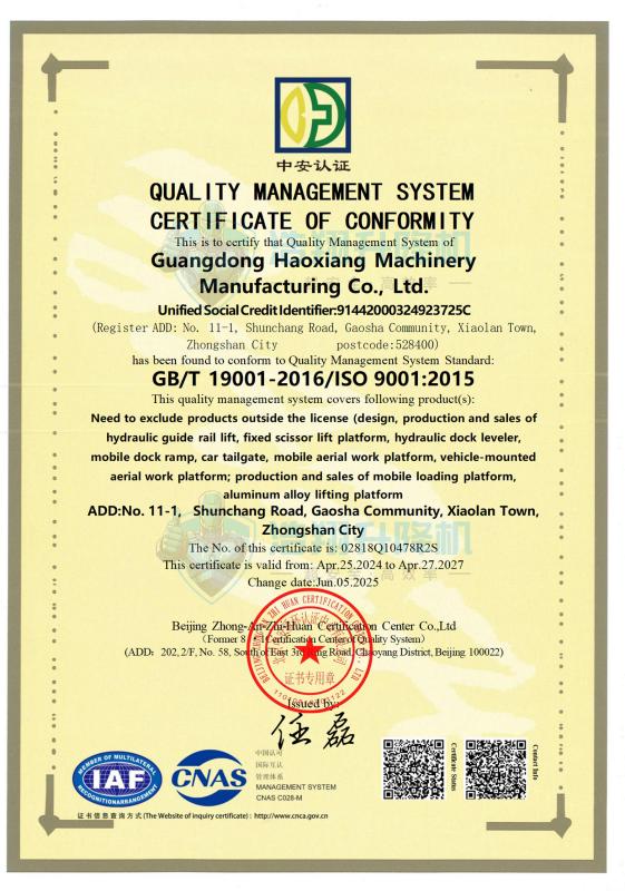 QUALITY MANAGEMENT SYSTEM CERTIFICATE OF CONFORMITY - Guangdong Haoxiang Machinery Manufacturing Co., Ltd.