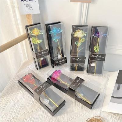 China Valentine's Day Gift Qixi Gold Foil Rose Flower Window PVC Gift Box Packaging With Light Stall Bouquet 10x28cm Variety Rose for sale