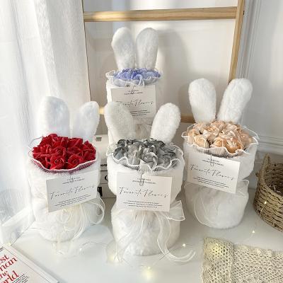 China Rabbit Ears Plush Rose Hand Bouquet 20x35cm Size Multiple Color Choices for Chinese Valentine's Day and Teacher's Day for sale
