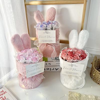China Rabbit Ears Plush Rose Hand Bouquet 20x35cm Size Multiple Color Choices for Chinese Valentine's Day and Teacher's Day for sale