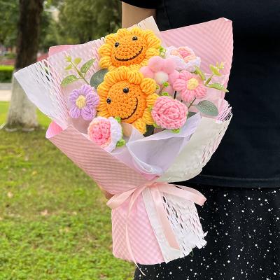 China Smiling Face Sunflower and Common Sunflower Woolen Flower Bouquet Finished Product Birthday and Valentine's Day Gift Handmade Knitted Flowers Cross-border Wholesale for sale