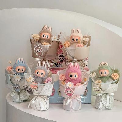 China Cute Finished Labubu Plush Doll Bouquet Labubu Plush Doll with Real Flowers Birthday Gift Boutique Wholesale for sale