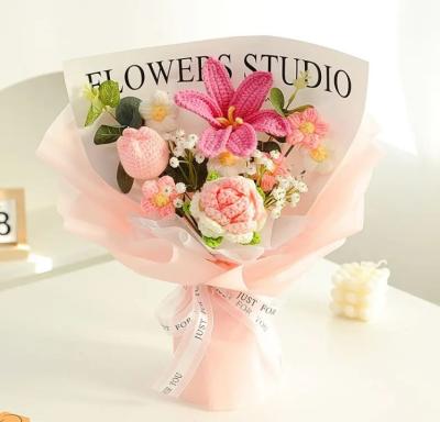 China Already Made Artificial Woven Blue Rose Crochet Flower Bouquet for Anniversary Valentines Day Gift for sale