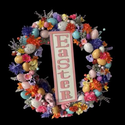 China Senmasine Egg Easter Wreath for Front Door Hanging Spring Decor Mixed Colorful Plastic Eggs Artificial Leaves Flowers Wreaths for sale