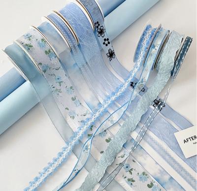 China Door mensen gemaakte blauwe oceaan droom zoekende serie lint bloemenboeket verpakking lint bloemen decoratie materiaal partij handgemaakt DIY Te koop