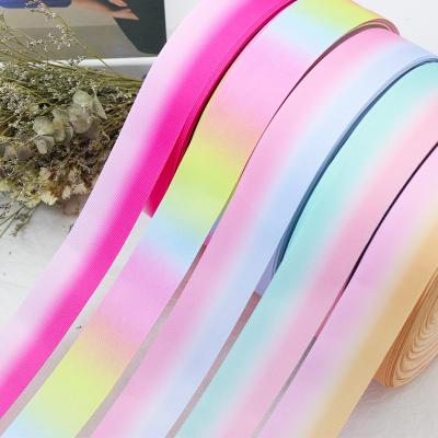 China Gradient Rainbow Ribbed Ribbon Transferência de calor Impressão DIY Bow Headband Caixa de presente Embalagem Material auxiliar Faixa para acessórios de cabelo à venda