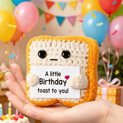 China Handmade Crochet Knitted Bread Toast Plush Toy Mini Doll with Positive Encouragement Card for Birthday Party Favor Gift for sale