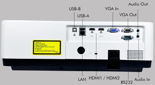 Projector rear panel with connectivity ports