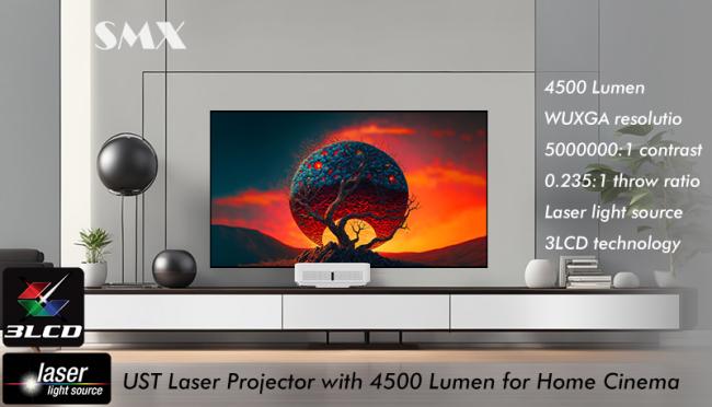 SMX MX-WPL4500U laser projector displaying high-quality image