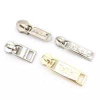 China Custom Embossed Logo Nickel Plated Zipper Pulls for #3 #5 Handbag Hardware for sale