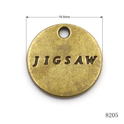 China Antique Brass Round Coin Tag Custom Brand Name Logo Charm Circle Tags for Metal Key Chain for sale