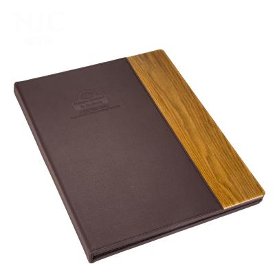 China Custom design sleek Luxury Hotel brown with wooden finished leather drink list for sale
