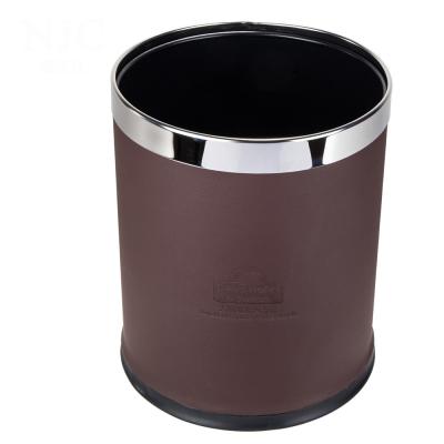 China OEM Round shape PU faux leather dustbin for 5-star hotel in brown color for sale